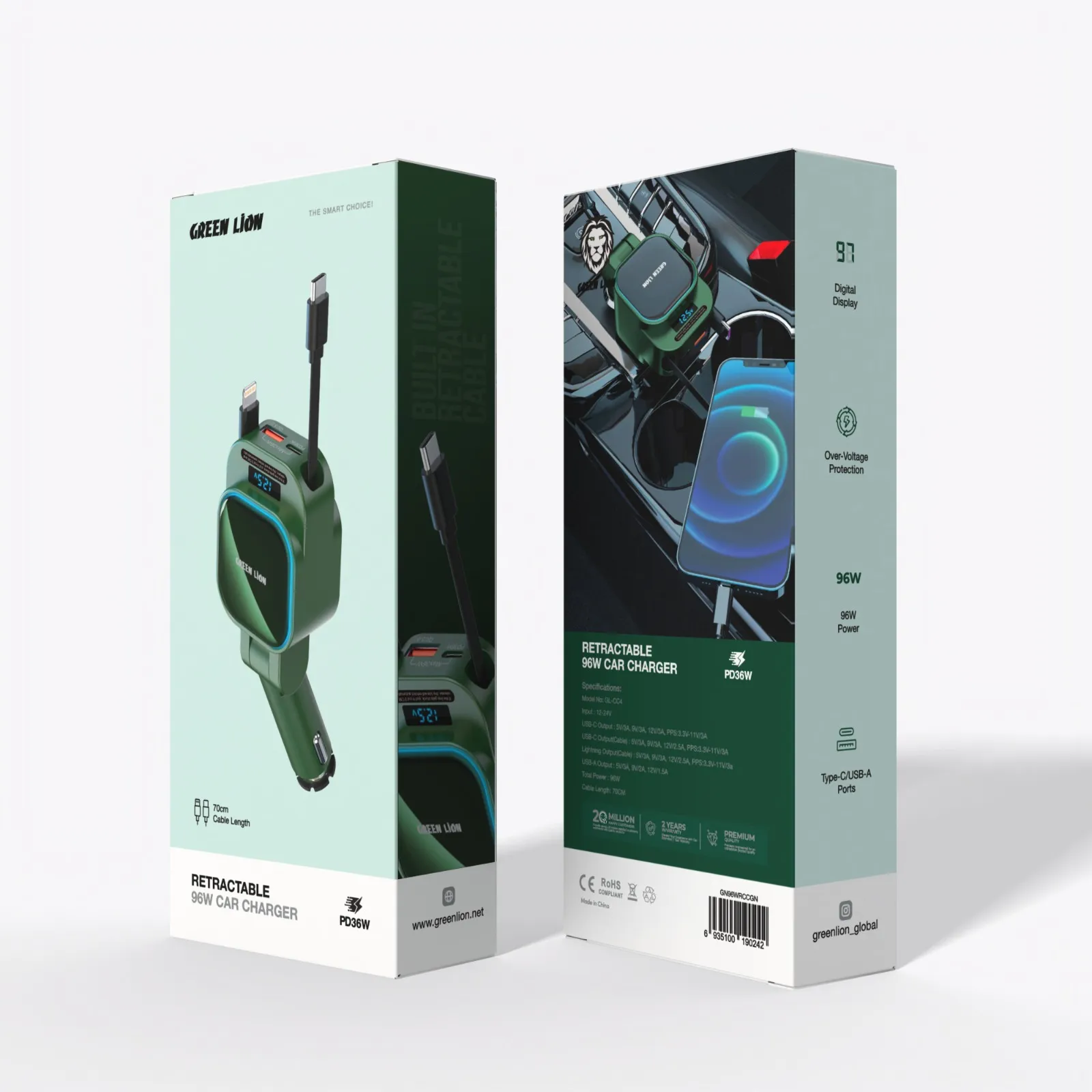 Order Green Lion Retractable 96w Car Charger - Green Now! | Jomla.ae