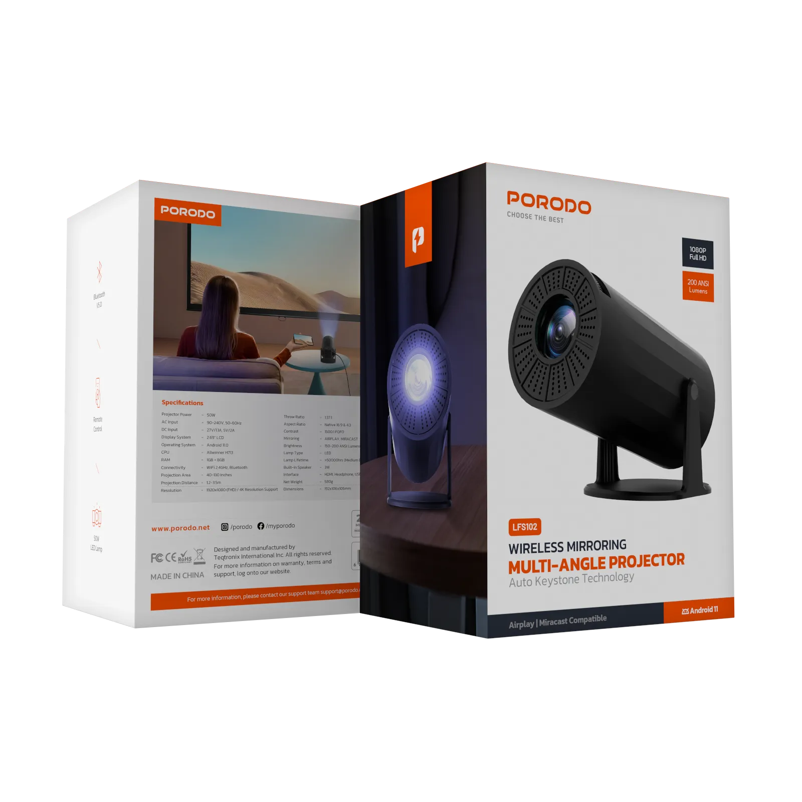 Order Porodo 4k Projector Pro Android 11 With Auto Keystone - Black Now ...